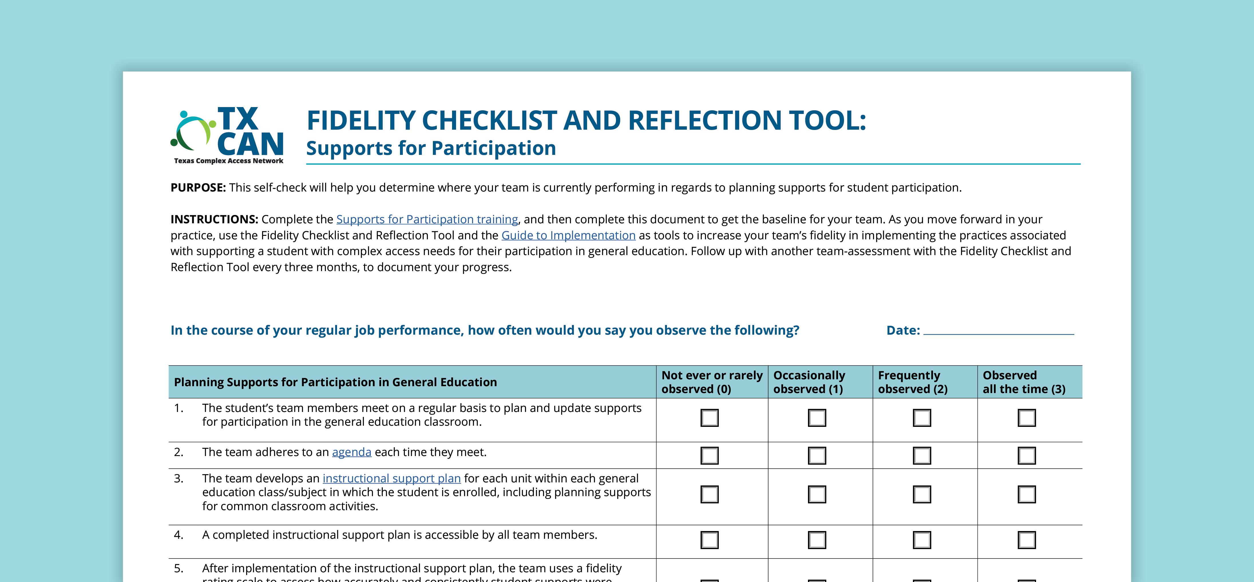 Fidelity Checklist and Reflection Tool: Supports for Participation ...