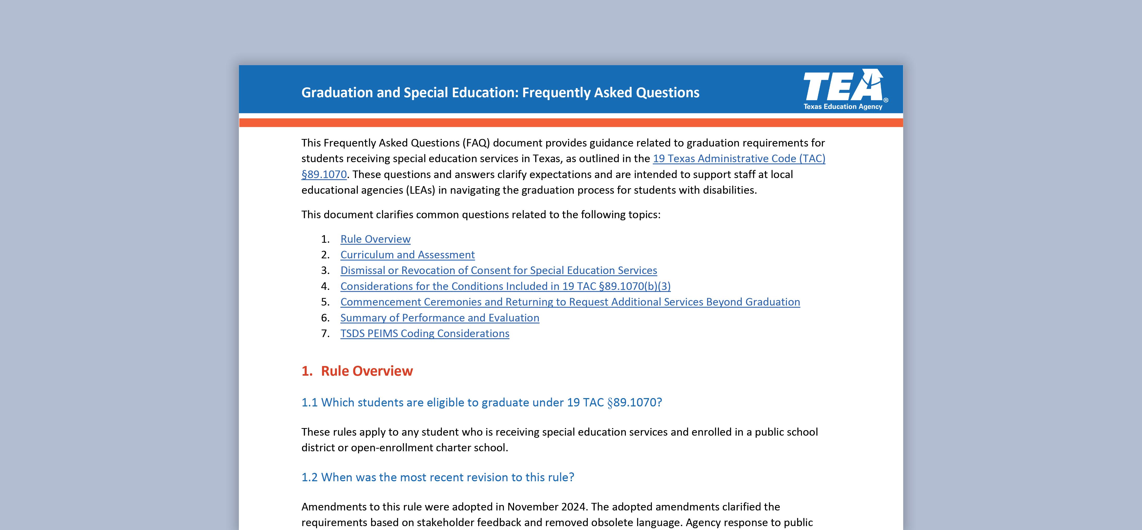 Graduation and Special Education: Frequently Asked Questions | Texas ...